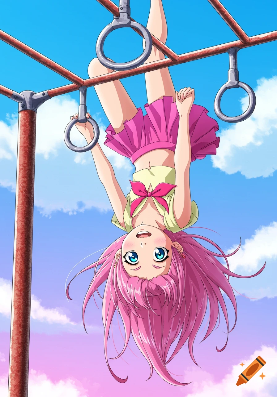 Anime girl hanging upside down on monkey bars. on Craiyon
