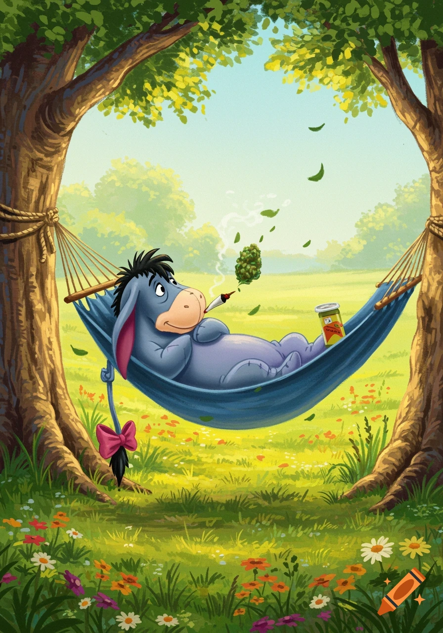 Cartoon illustration of Eeyore relaxing in a hammock in a sunny field ...