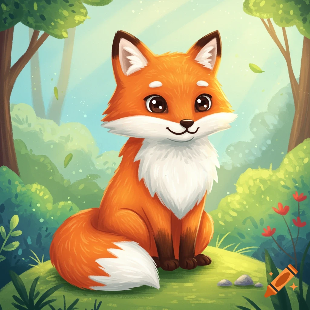 A cute cartoon fox with a fluffy tail sits in a vibrant forest clearing ...