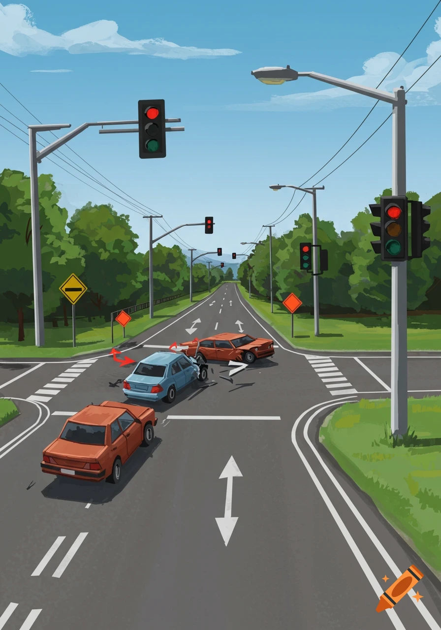 A stylized illustration of a car crash at a T-intersection with traffic ...
