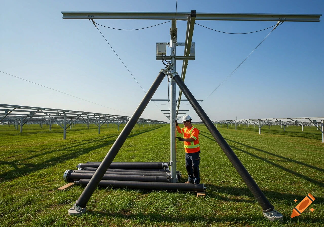 Worker installing torque tubes at a solar farm. on Craiyon