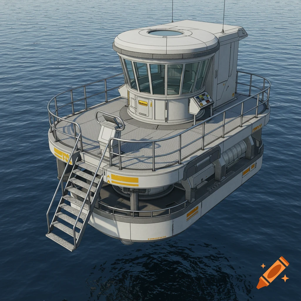 A futuristic high-tech floating platform with stairs, railings, and a ...