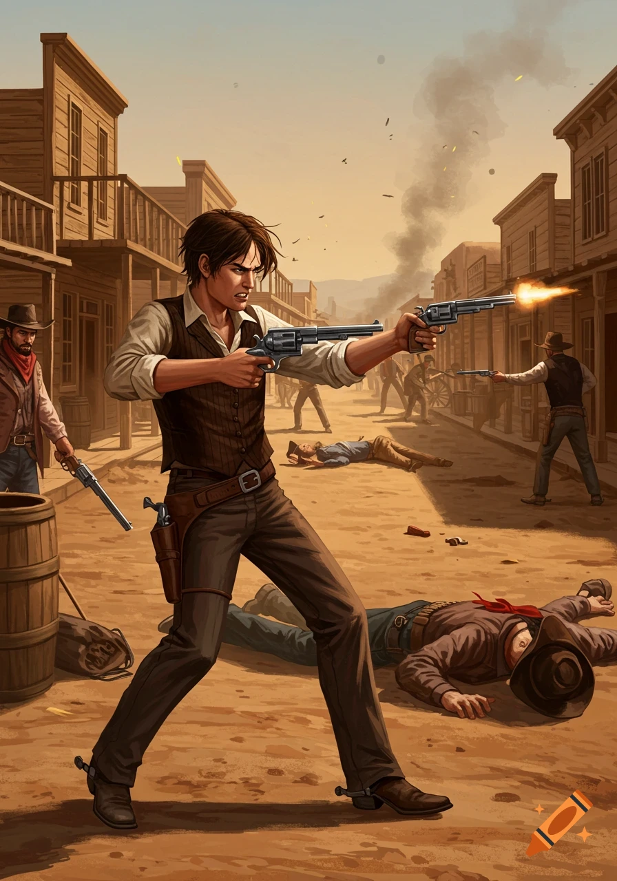 Cowboy firing two pistols in a Western town street during a shootout ...