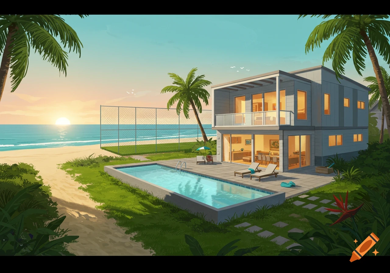 Illustration of a modern beach house with a pool and fence by the beach ...