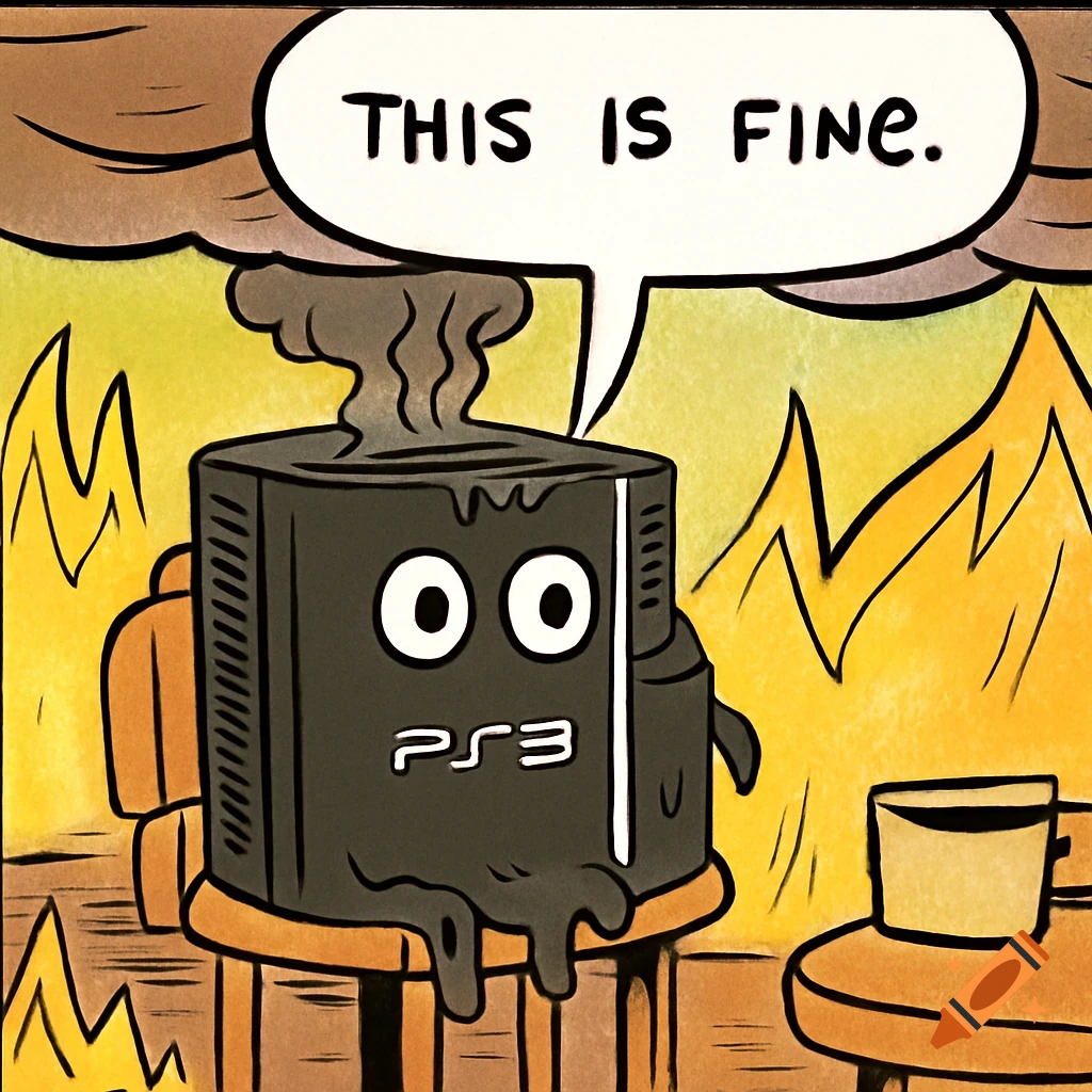 A cartoon PS3 console, melting and smoking, sits in a chair amidst ...