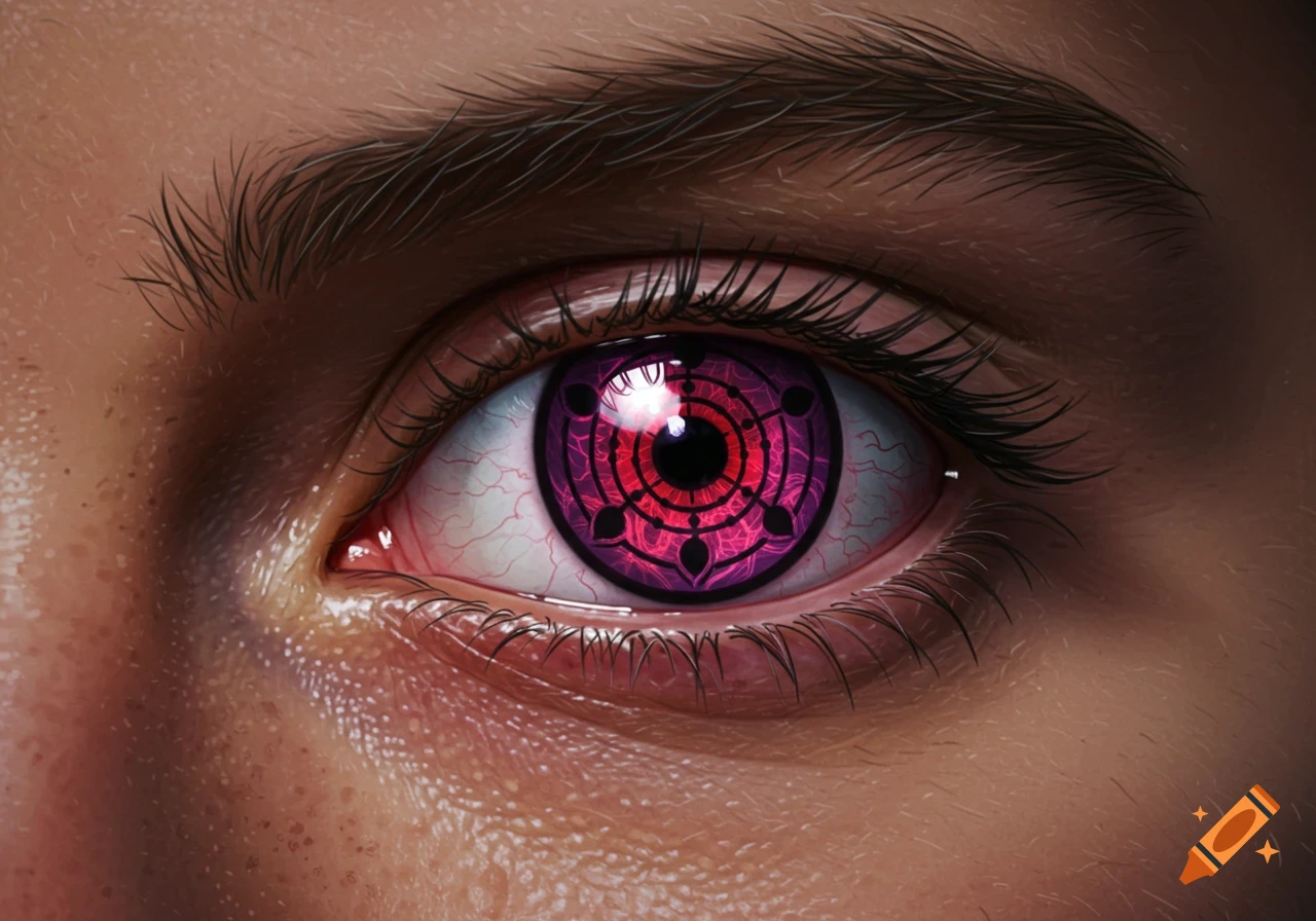 Close-up of a realistic eye with a purple and red Rinnegan pattern. on ...