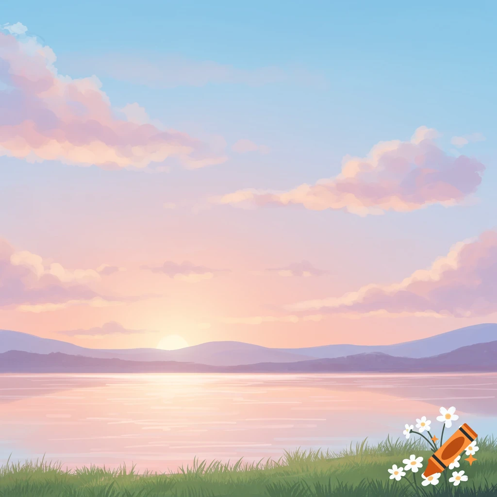 A pastel illustration of a sunset over a lake with mountains and ...