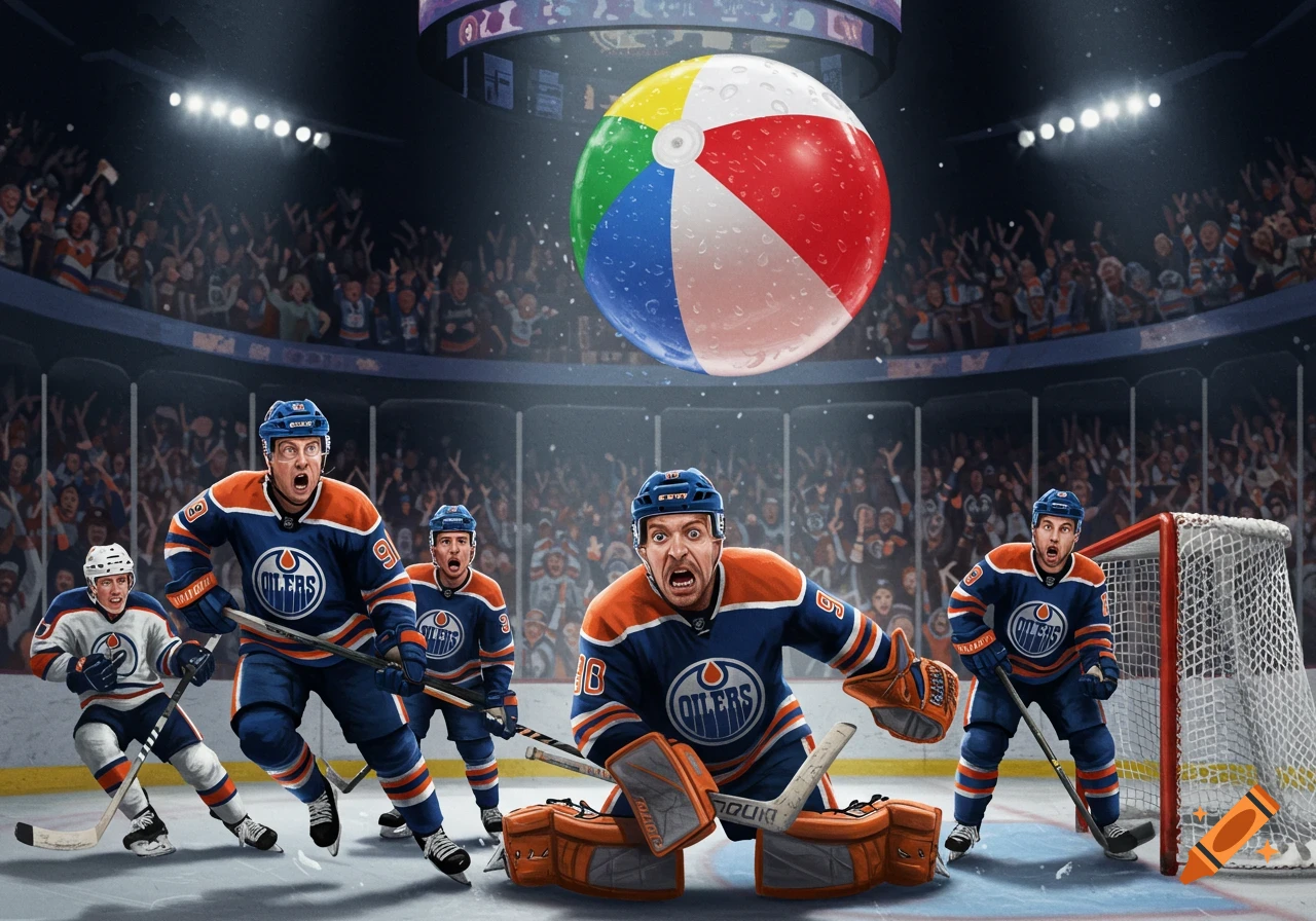 Edmonton Oilers hockey players look shocked as a giant beach ball falls ...