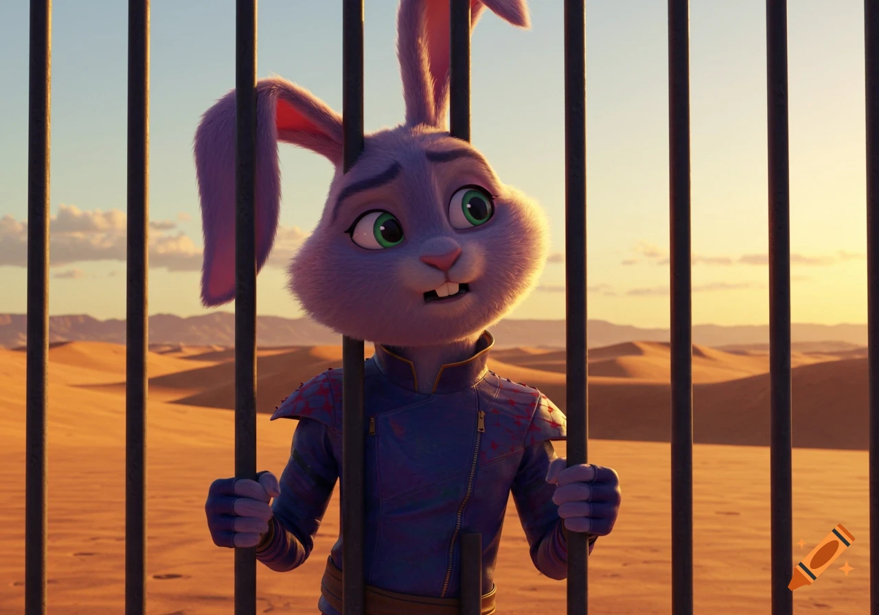 A purple bunny character with a distressed expression behind prison ...