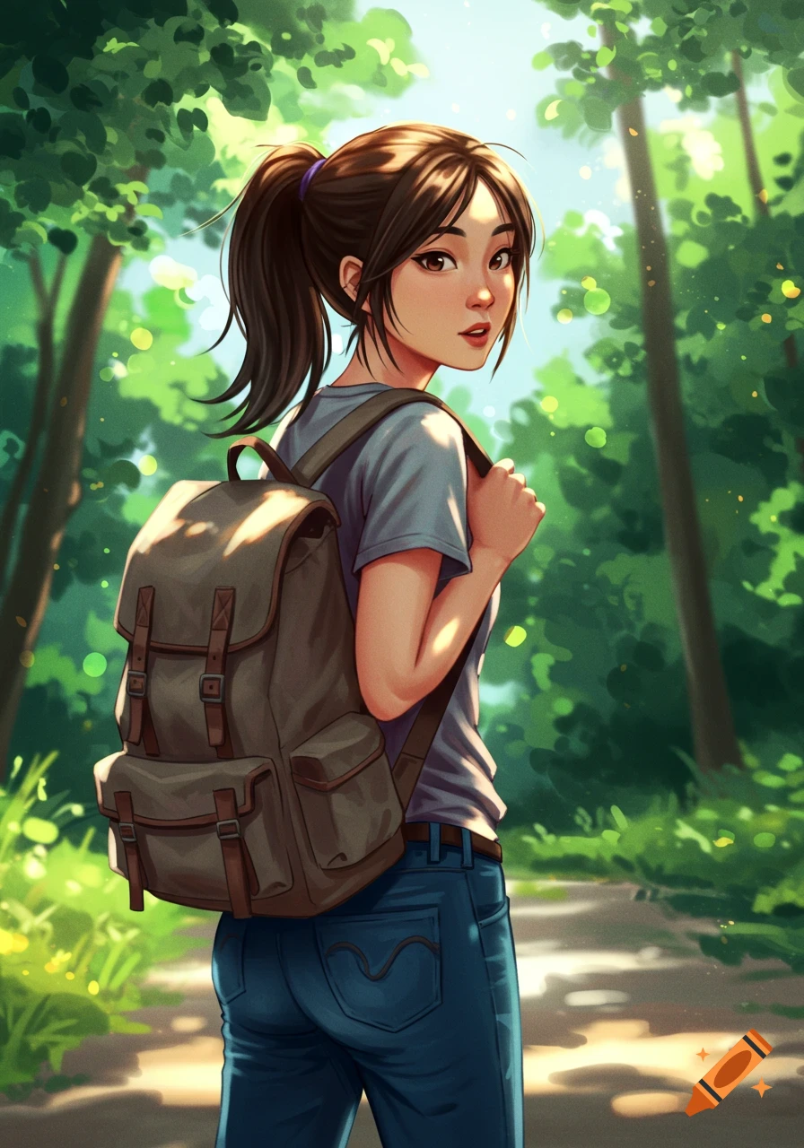 A young woman with a ponytail and a backpack walks through a sunny ...