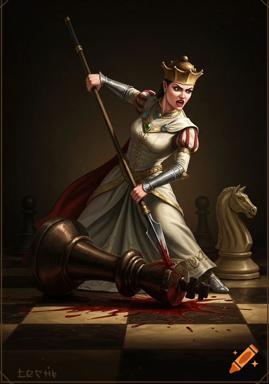 A fierce white chess queen in fantasy armor impales a fallen black king ...