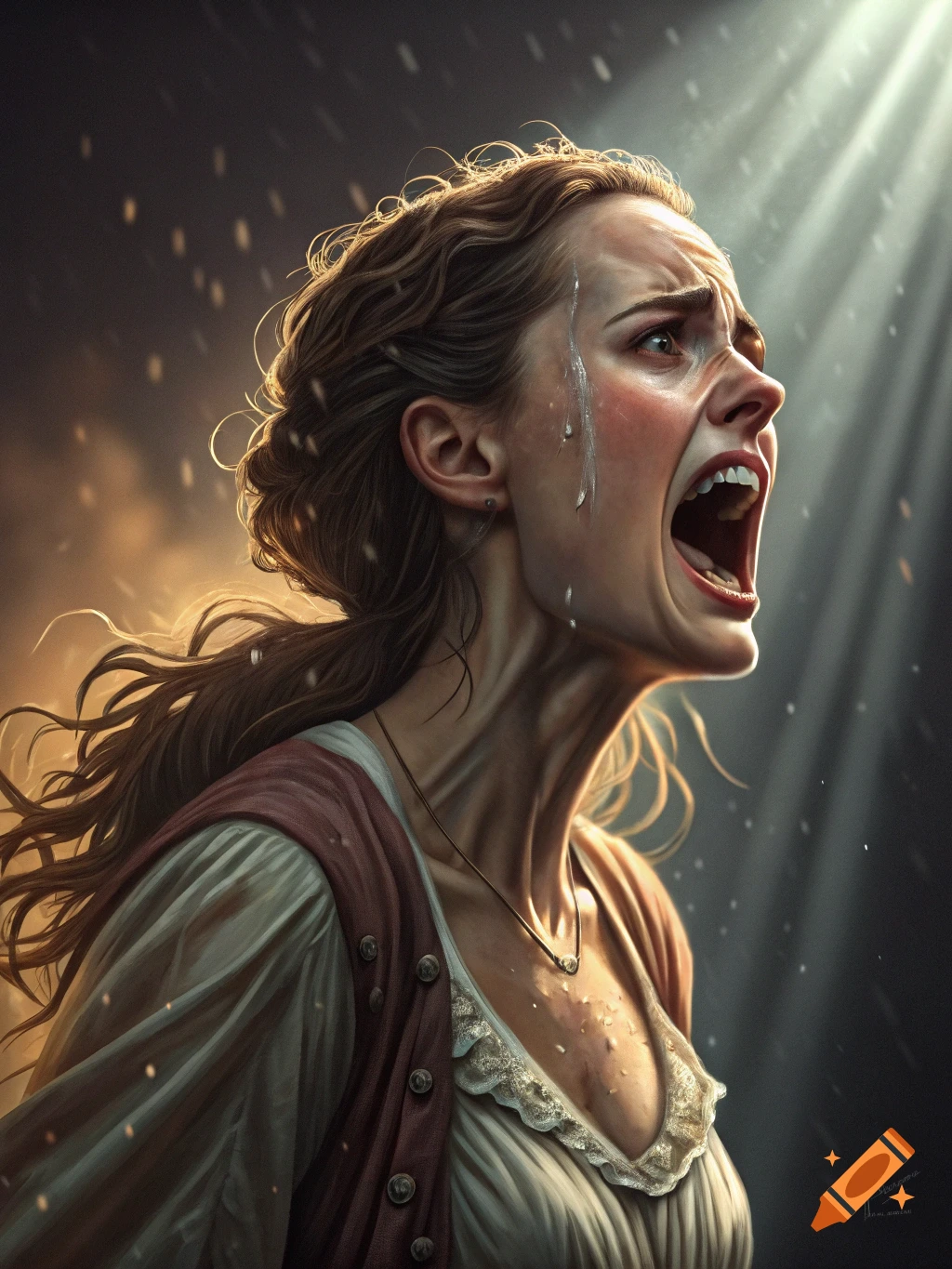 Close-up of a distraught woman in period clothing screaming under ...