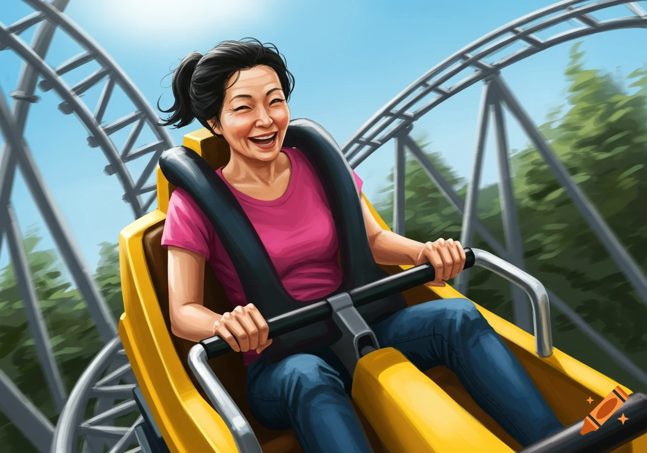 A joyful woman with black hair rides a yellow roller coaster car under ...