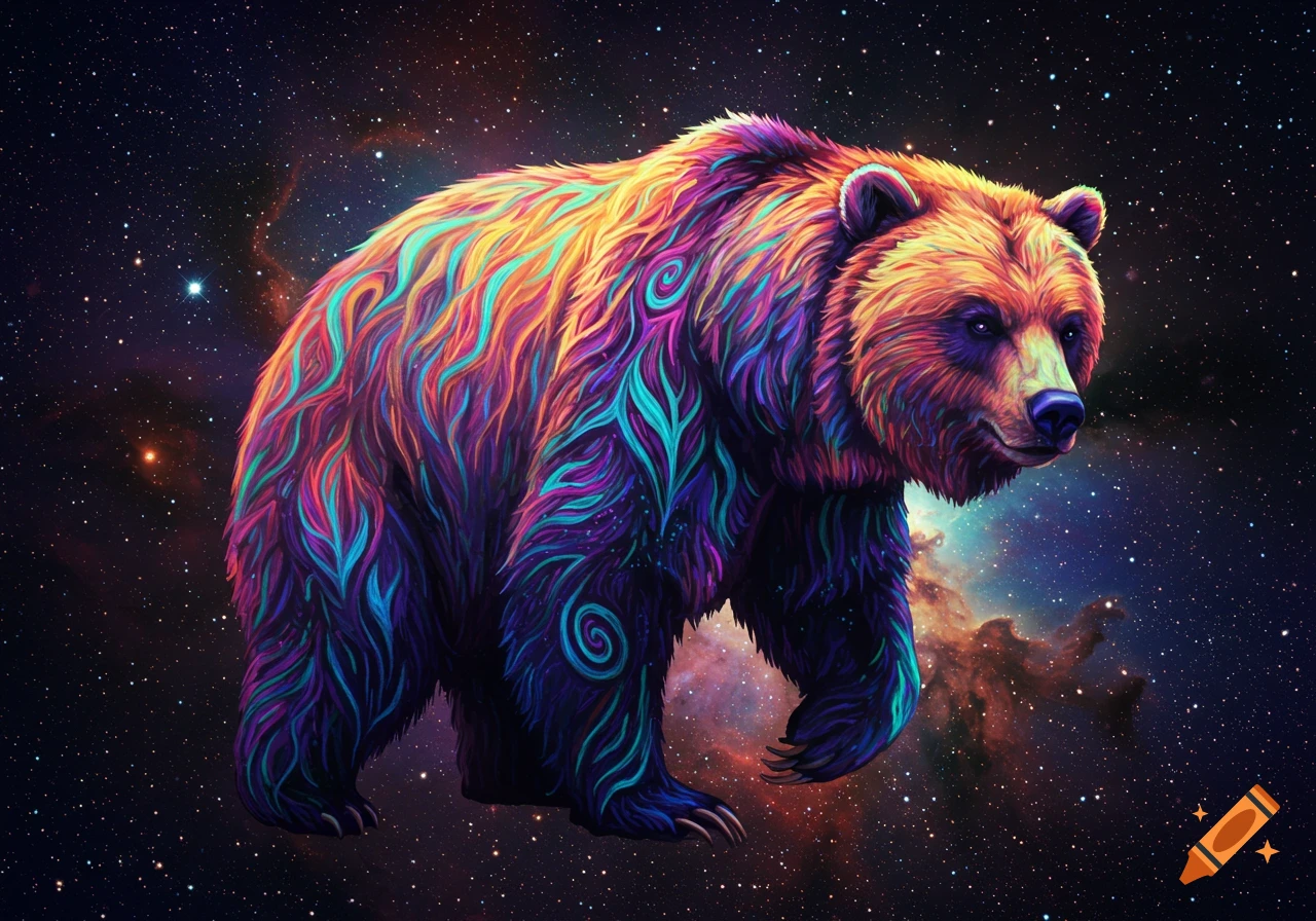 Psychedelic bear with colorful fur walking in space with stars and a ...