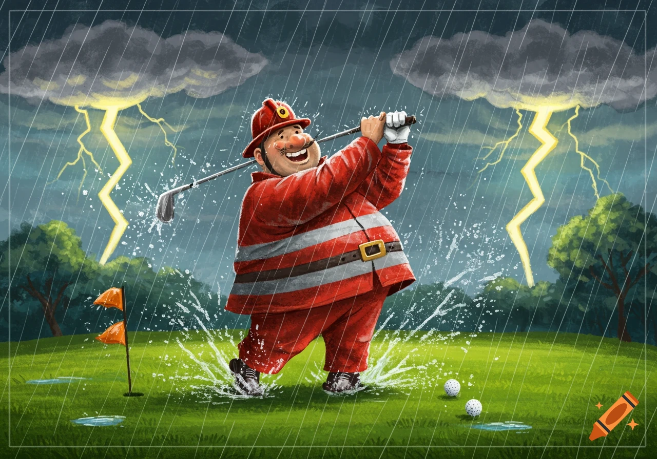 A cartoon fireman happily plays golf in a heavy rainstorm with ...
