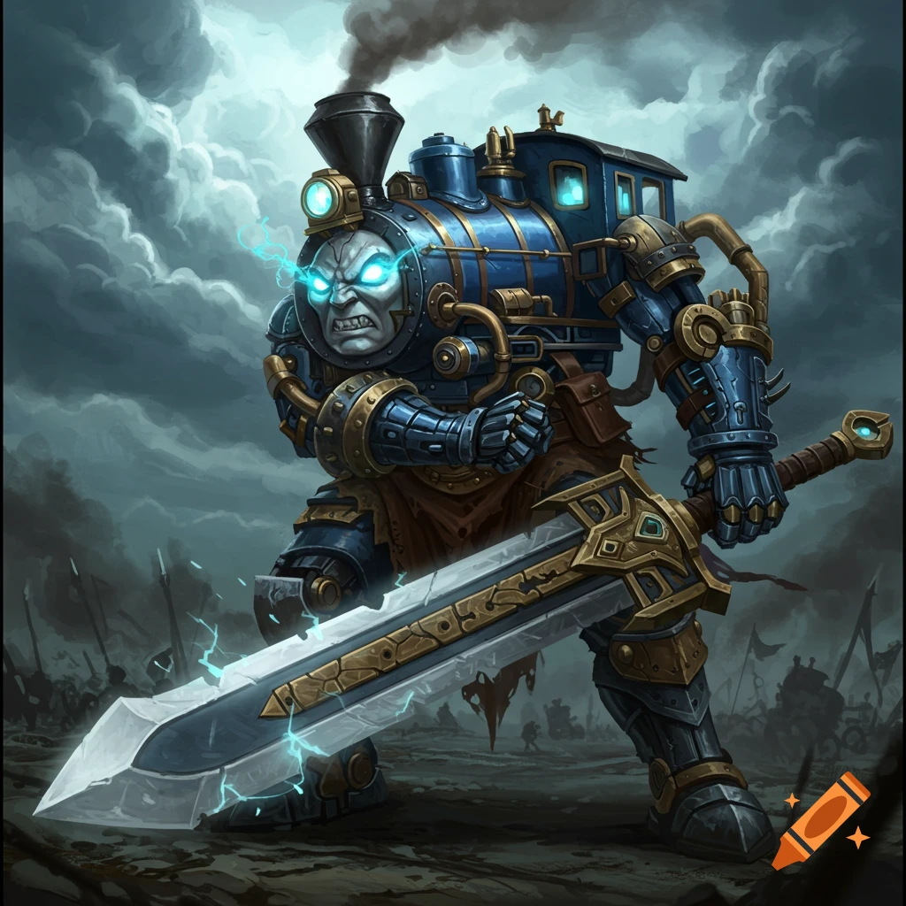 Anthropomorphic steam train warrior in armor wielding a large sword in ...