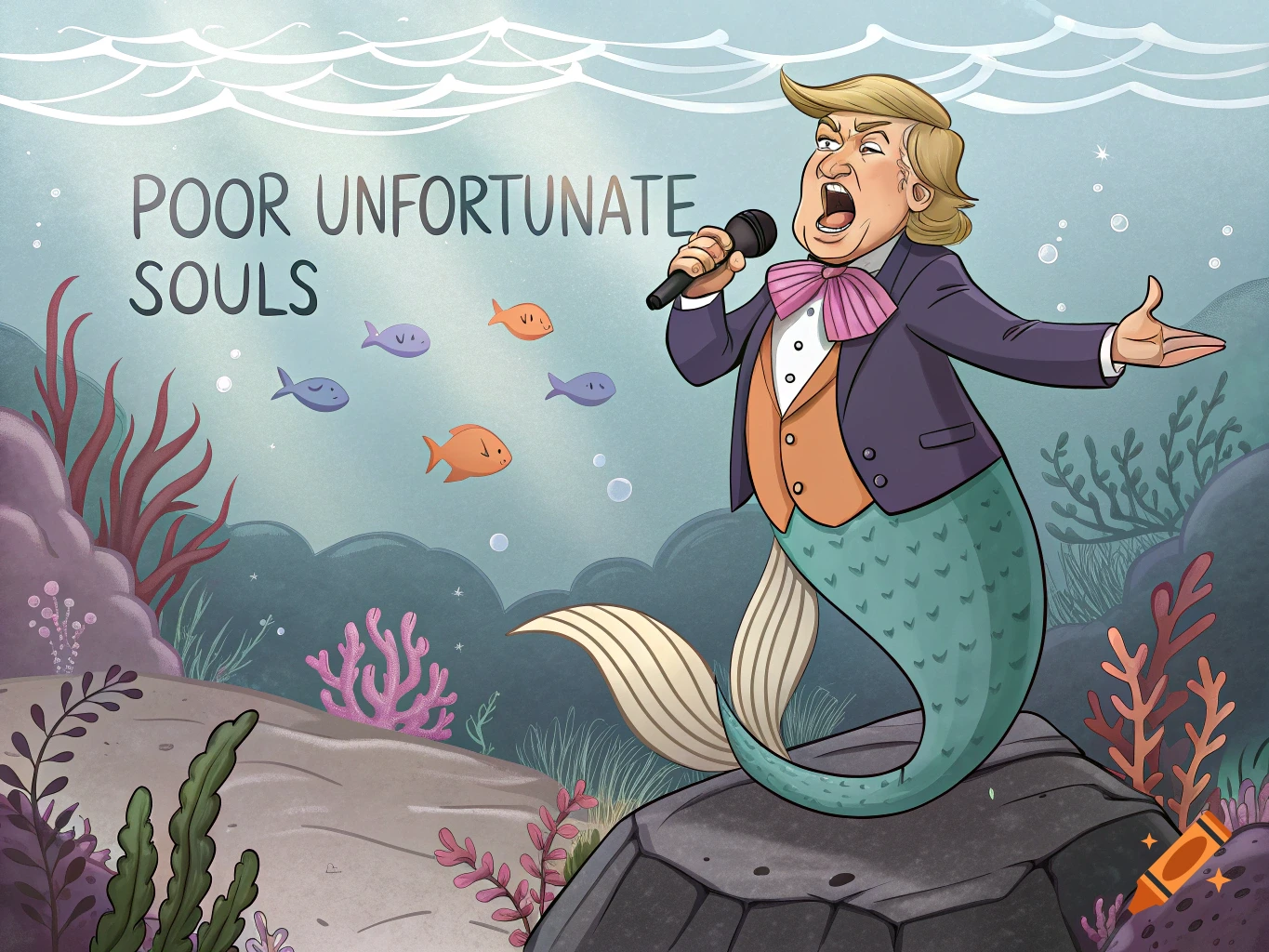 Cartoon illustration of Donald Trump as a mermaid, singing into a ...