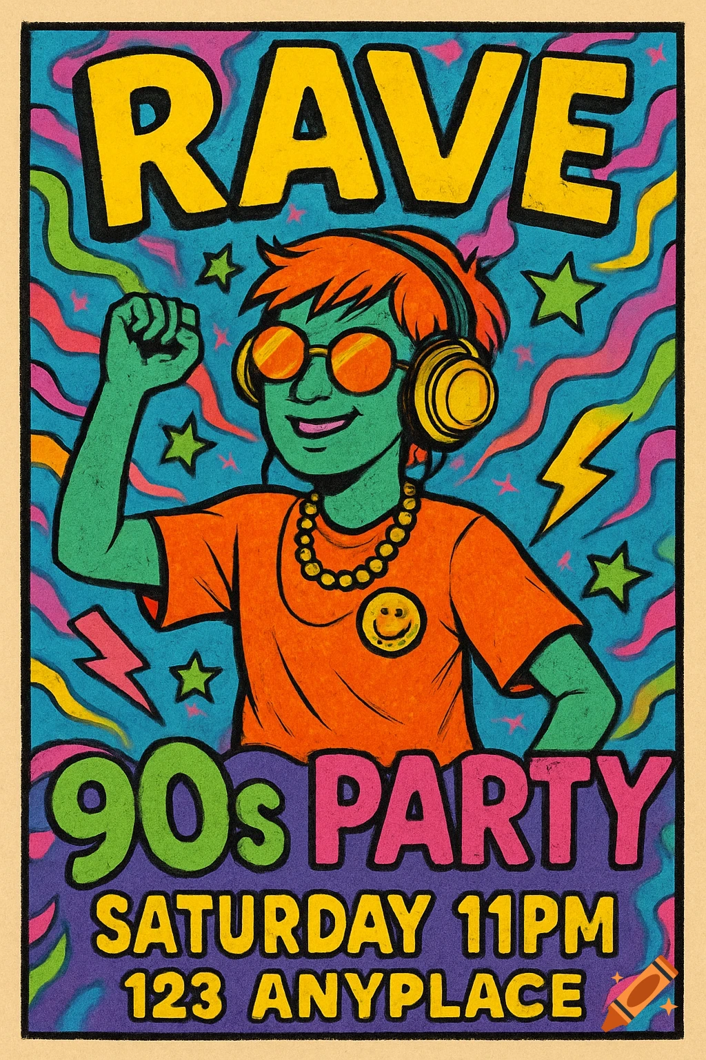 Colorful 90s rave flyer with green-skinned person, orange hair ...