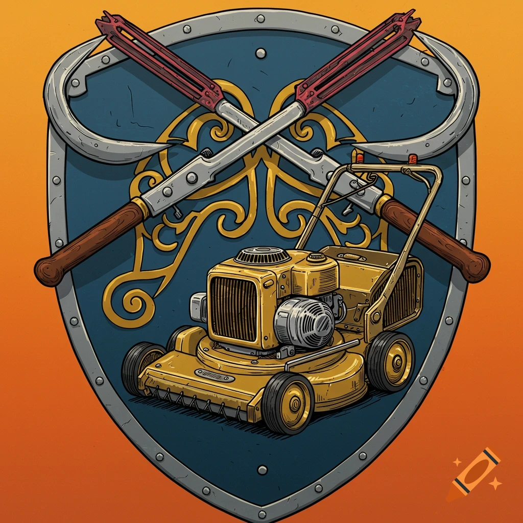 A stylized shield emblem featuring a yellow lawnmower at the bottom ...