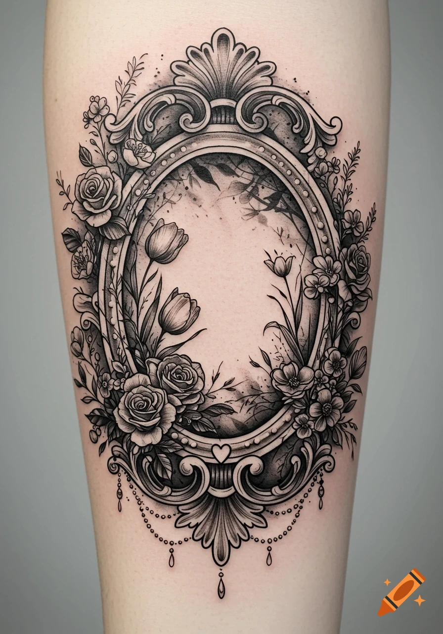 Black and grey tattoo design of an ornate oval frame with roses, tulips ...
