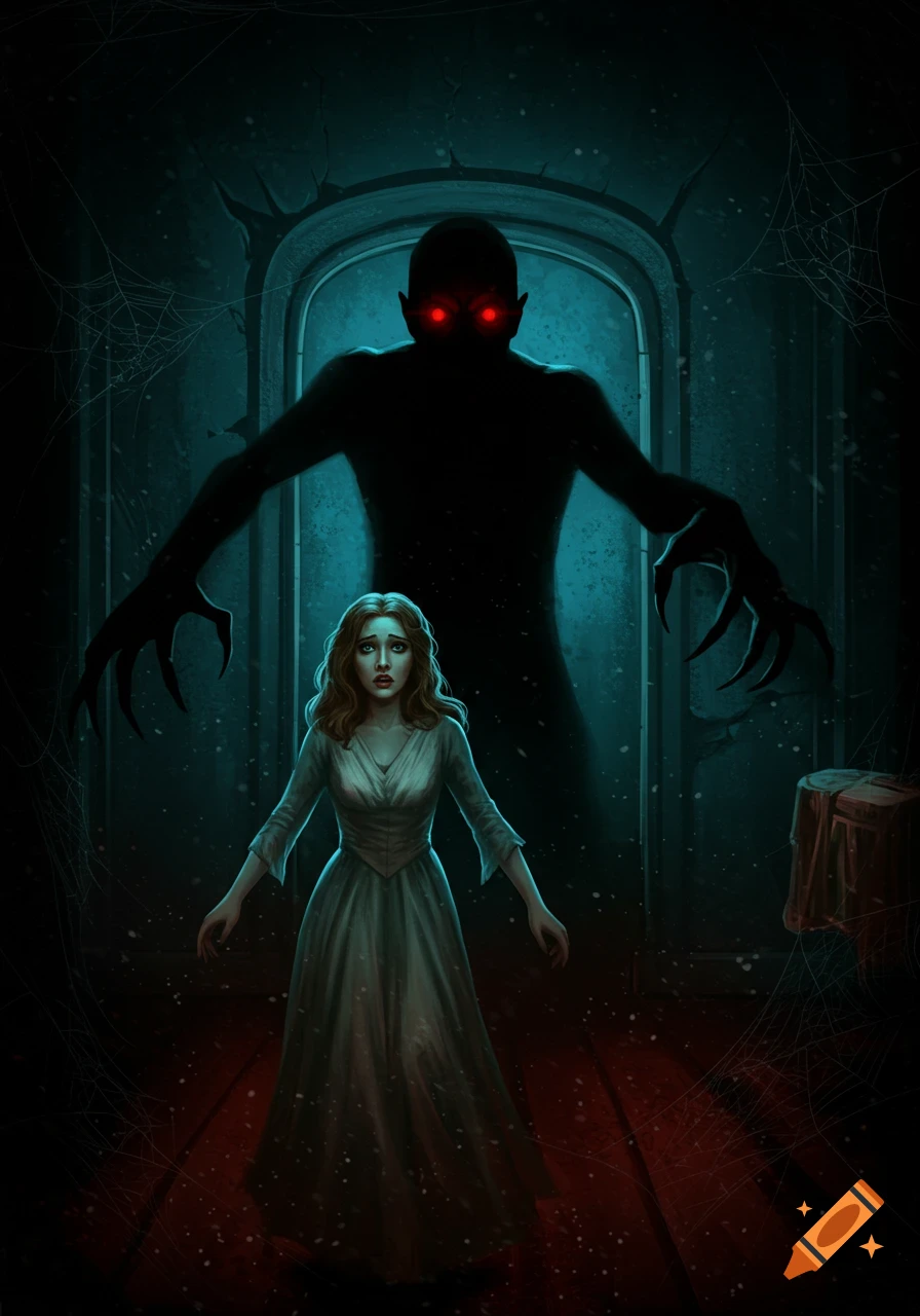 Illustration of a scared woman facing a tall shadow figure with red ...