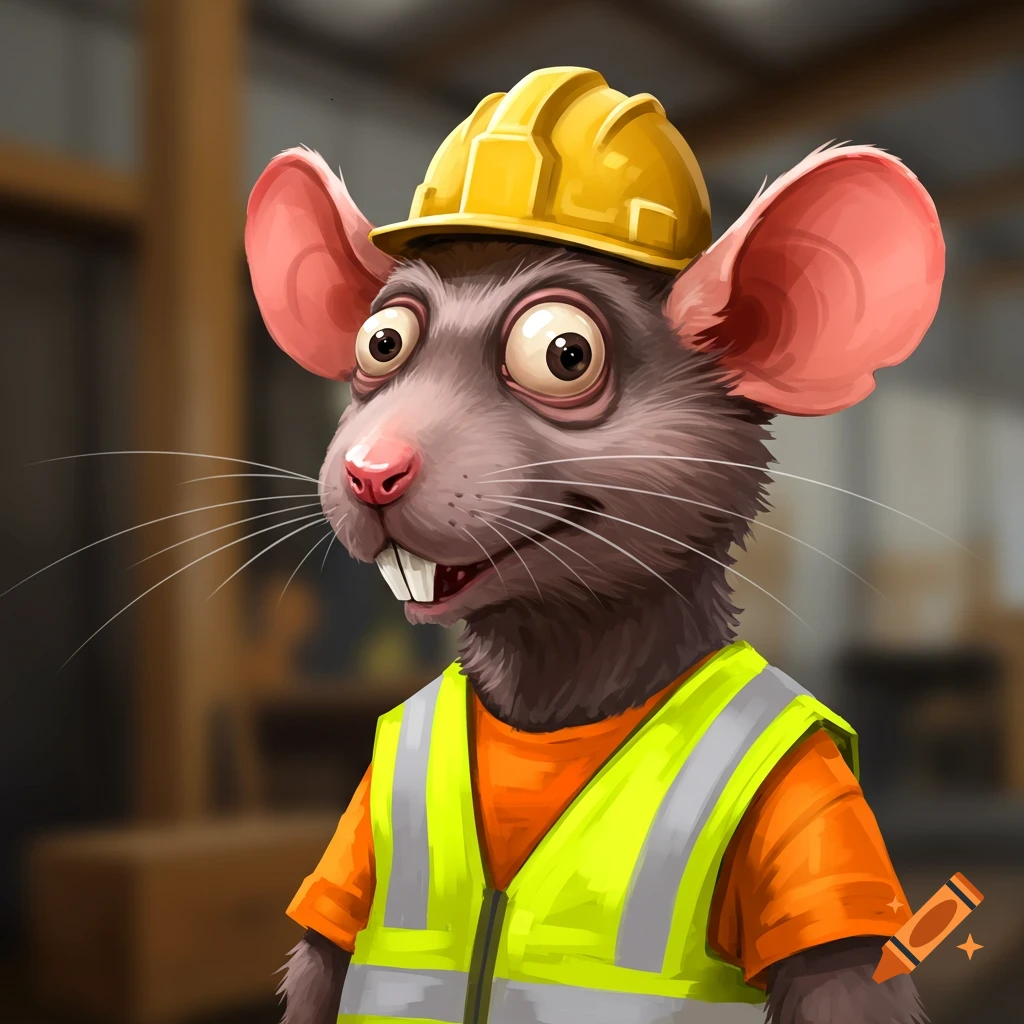 A cartoon rat with wide eyes wearing a yellow hard hat and an orange ...