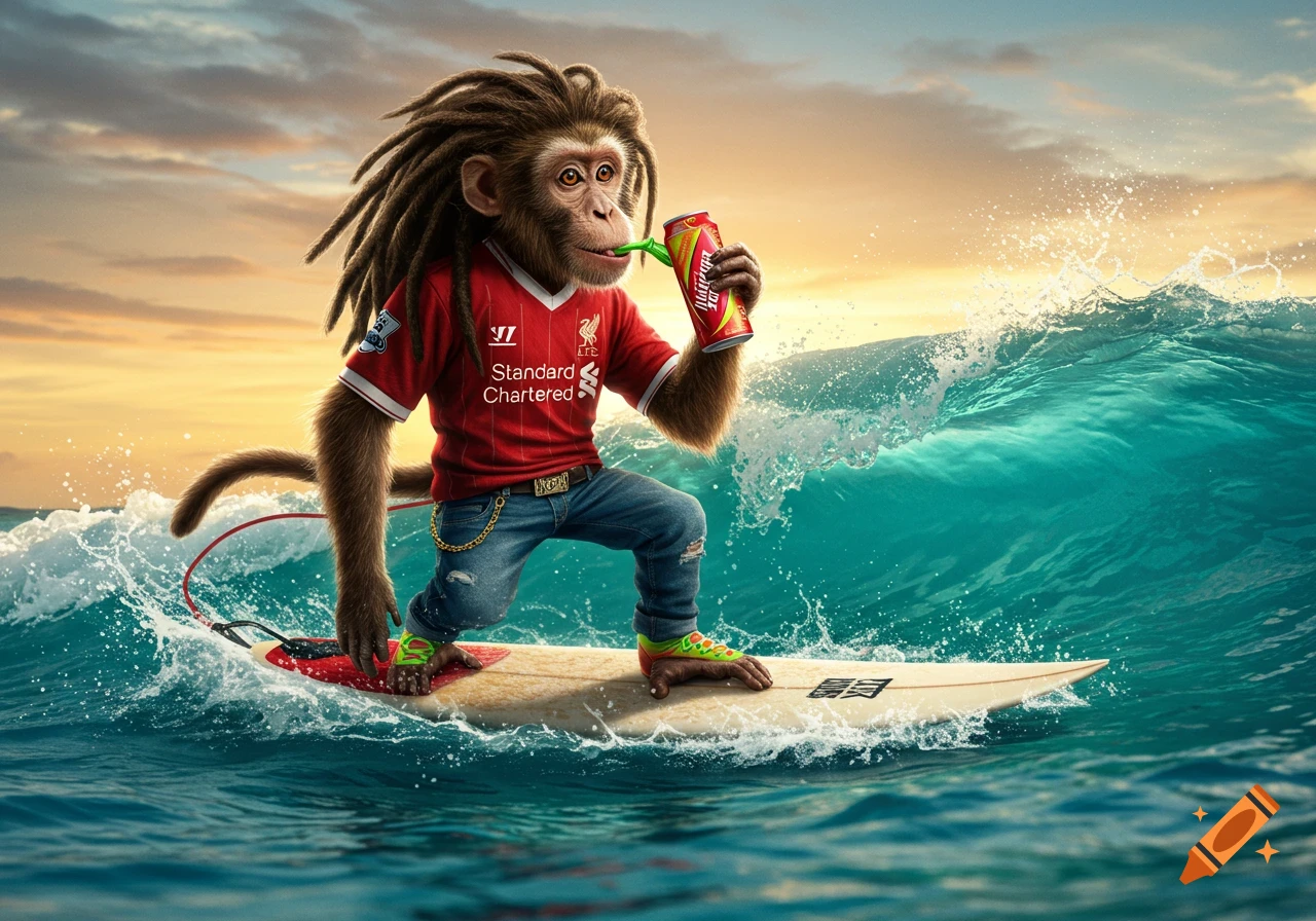 A hyperrealistic Rastafarian monkey with dreadlocks, wearing a red ...