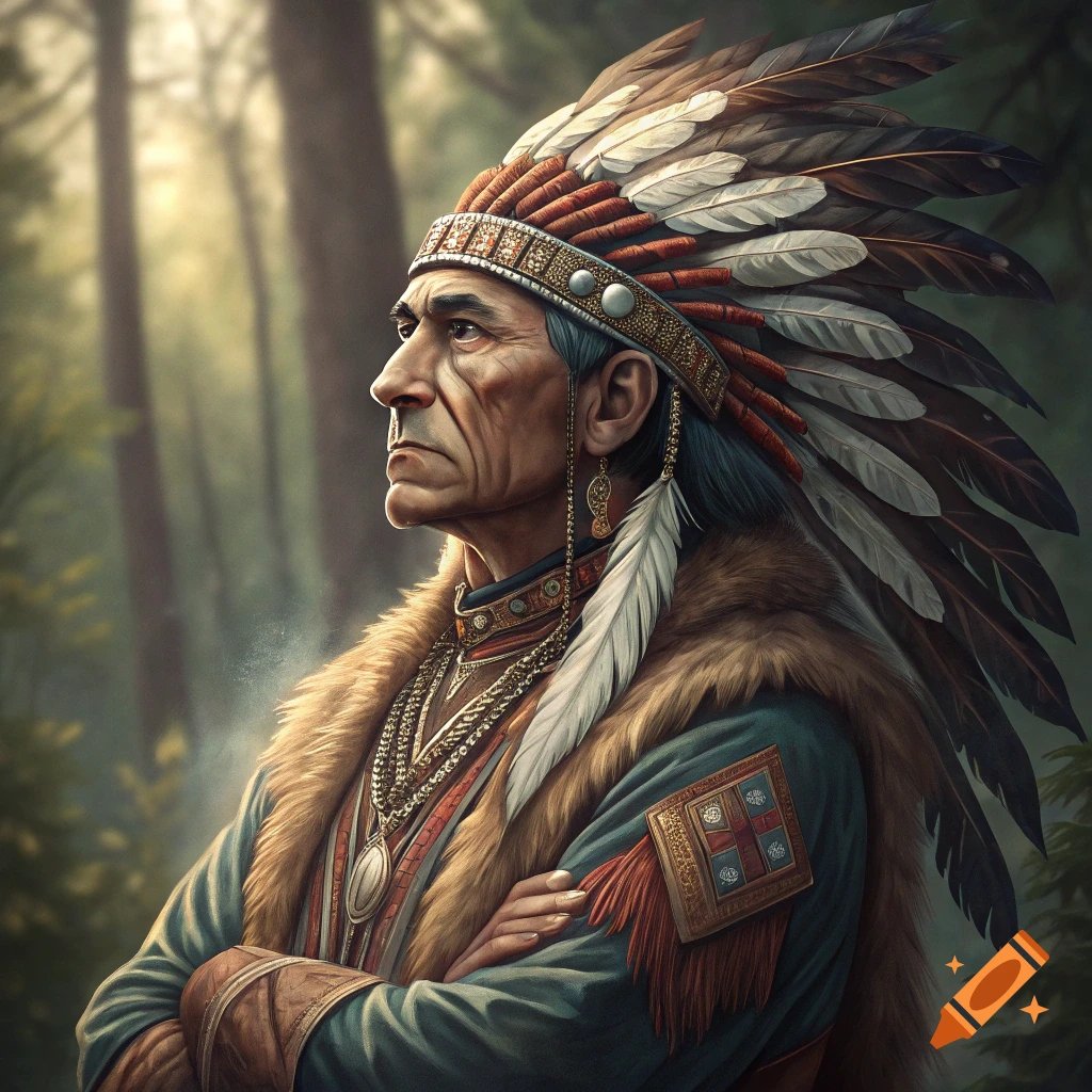 Portrait of a person wearing a feathered headdress in a forest. on Craiyon