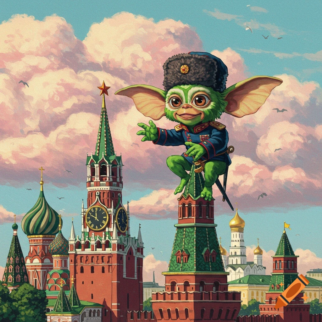 A cartoonish green gremlin in a military uniform and fur hat sits atop ...