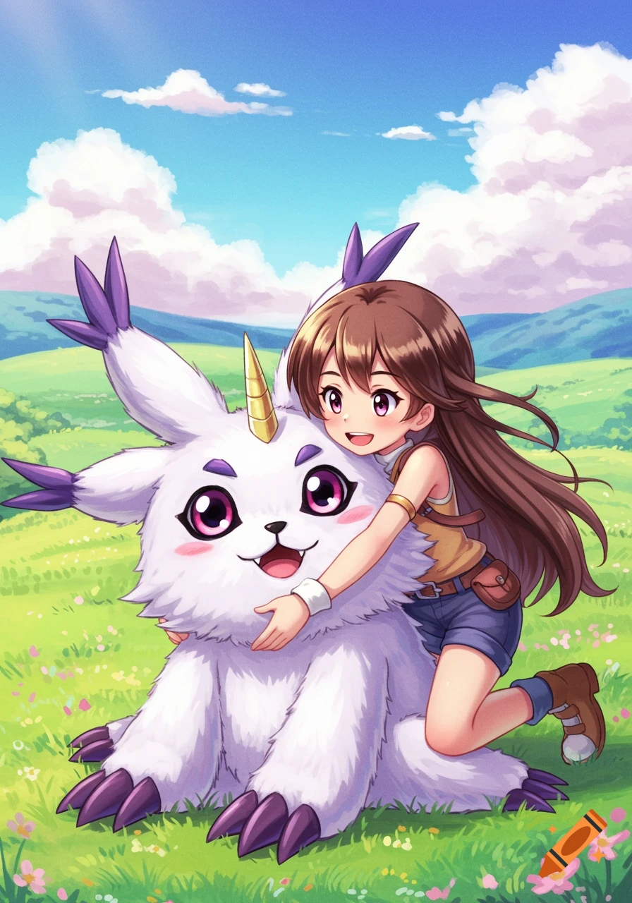 Anime girl hugs a fluffy white Digimon in a grassy field on Craiyon