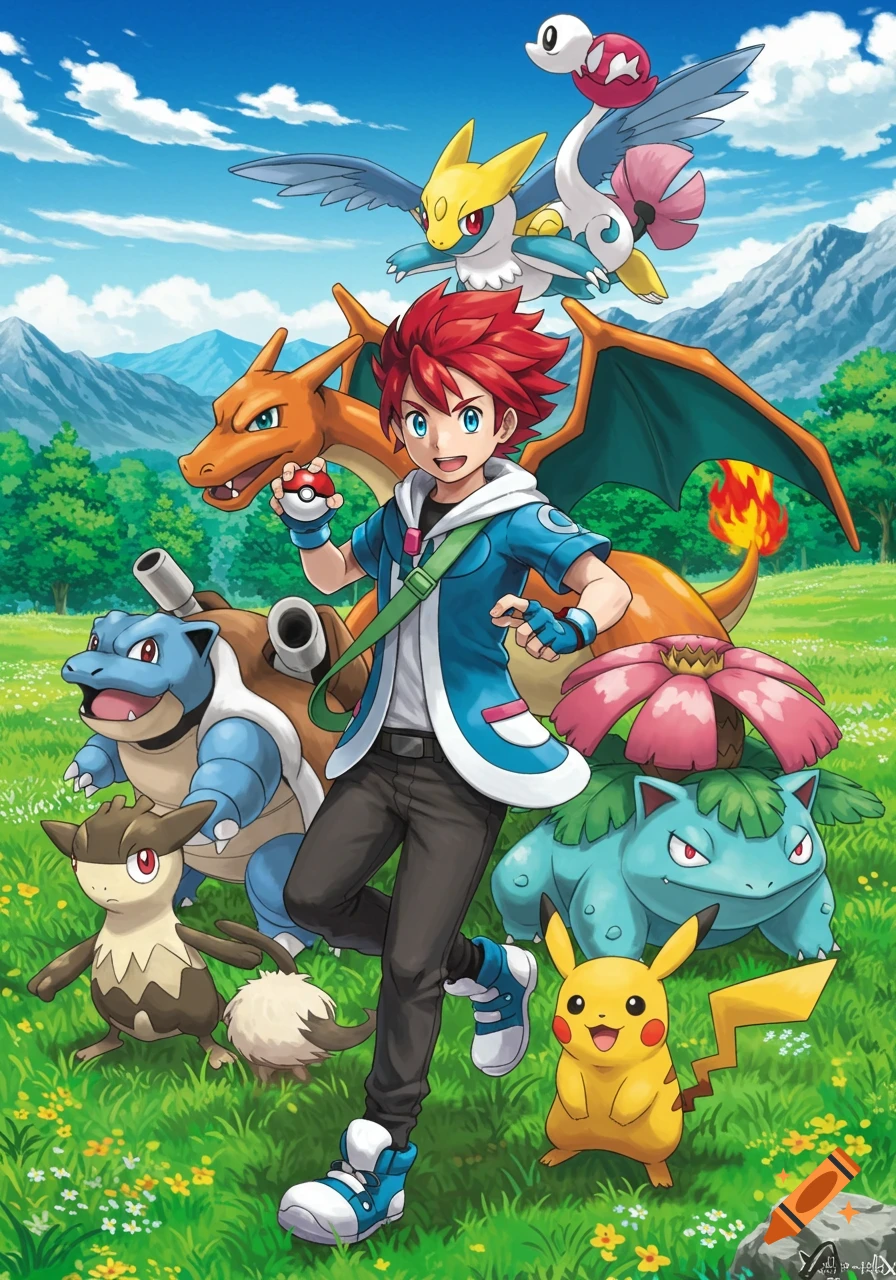 A young red-haired male Pokemon trainer stands in a grassy field ...