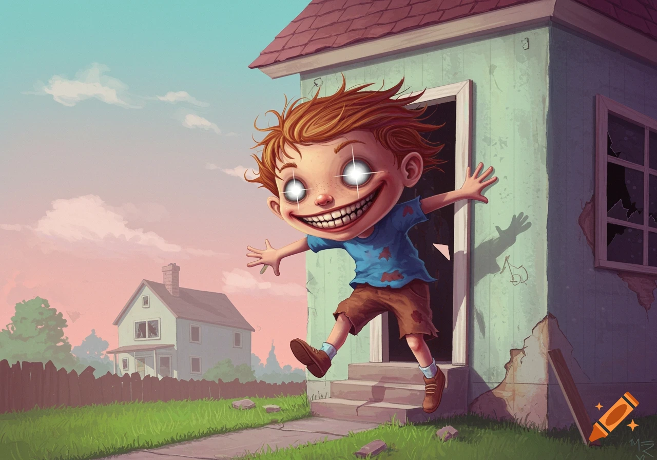 Cartoon illustration of a creepy child with shiny eyes jumping out of a ...