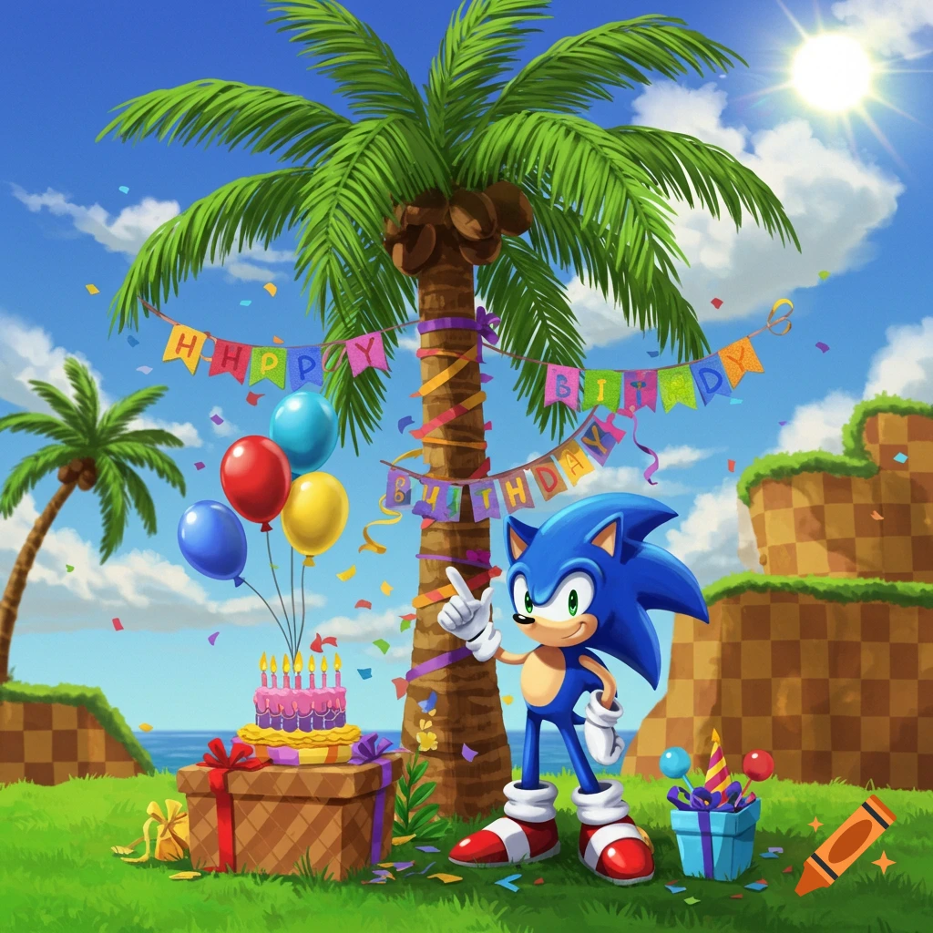 Sonic the Hedgehog stands by a decorated palm tree with balloons, cake ...