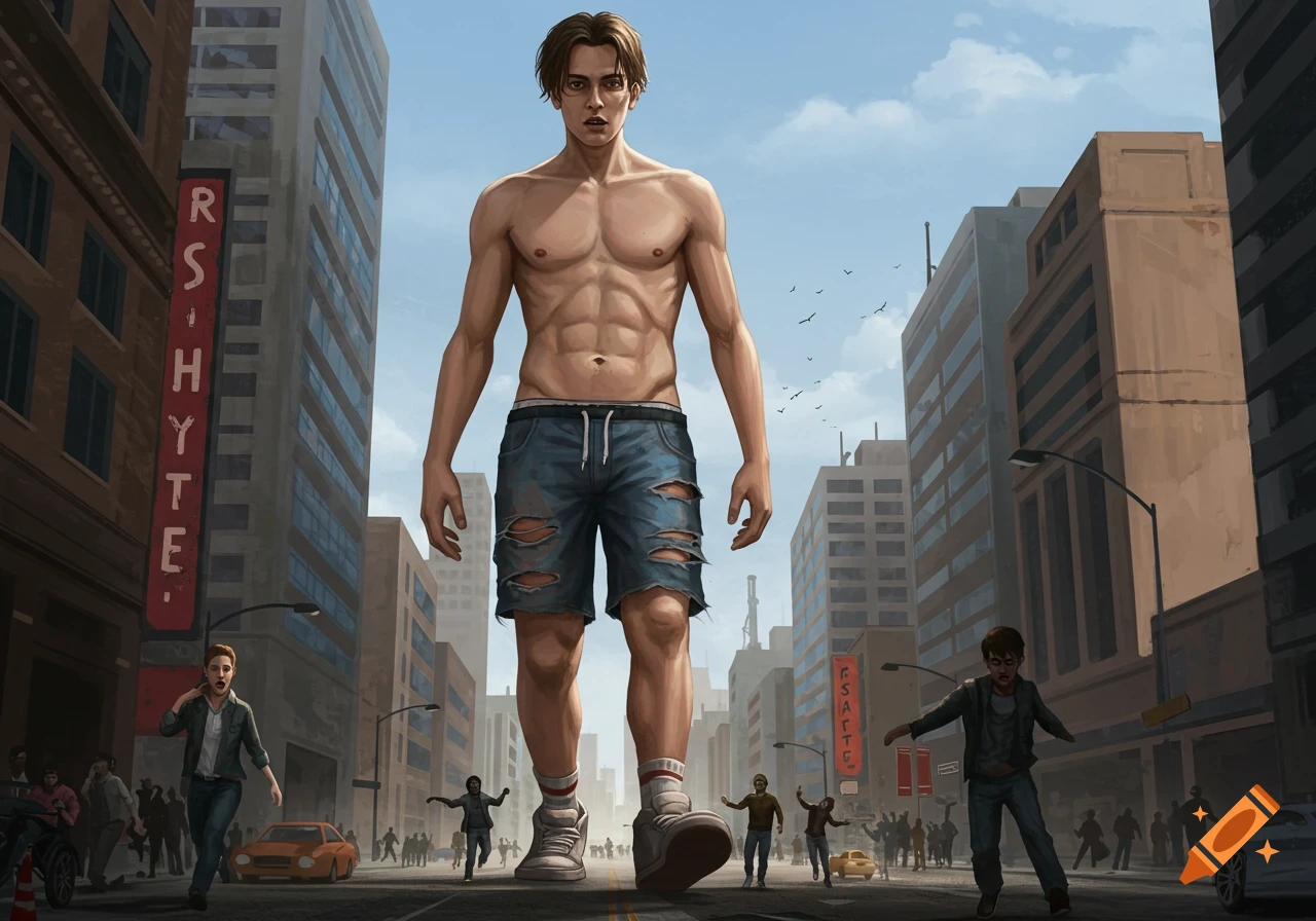 A giant, shirtless man in ripped shorts walks through a city as terrified civilians flee below ...