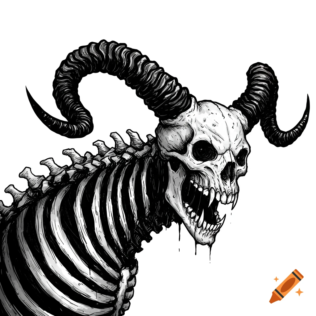 Black and white ink drawing of a skeletal monster with large horns and ...
