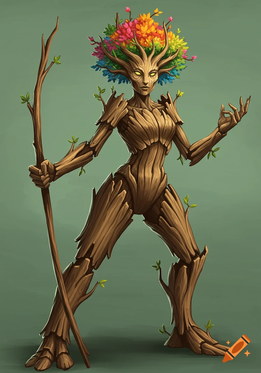 An athletic female treant character, made of wood with colorful foliage ...