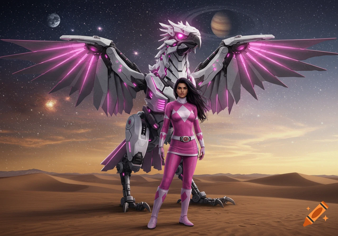 Woman in pink power ranger suit stands before a giant robotic hawk in a ...