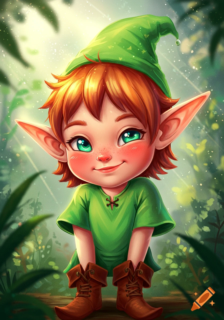Cute cartoon elf with red hair and green hat smirking in a forest. on ...