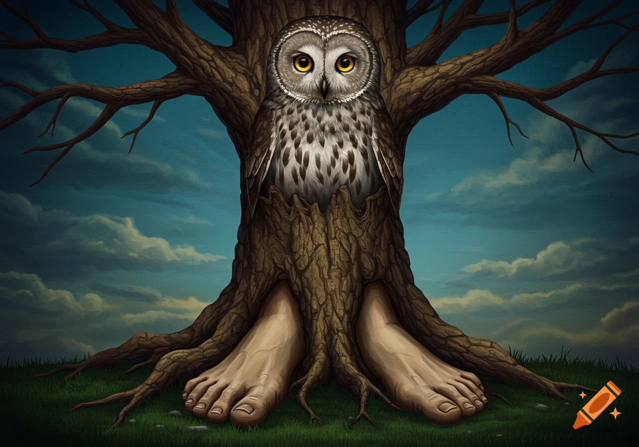 A surreal illustration of an owl-headed tree with human feet as roots ...