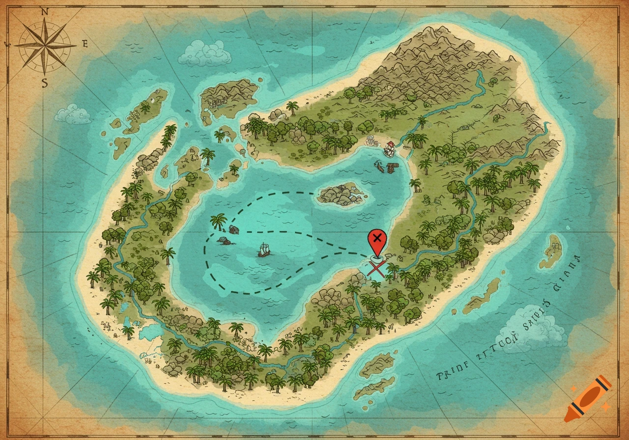 An old-style treasure map showing a tropical island with palm trees ...