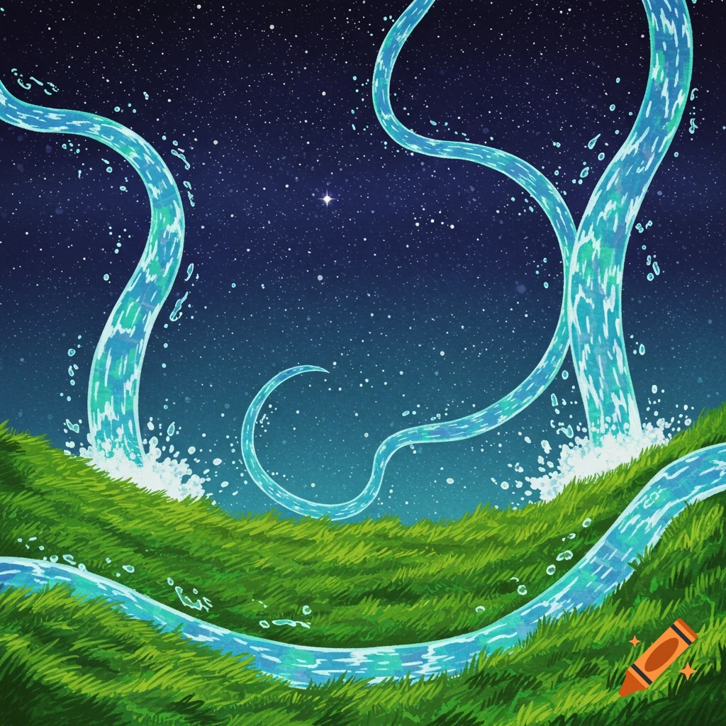 Glowing blue water trails flow through green grassy hills under a dark ...