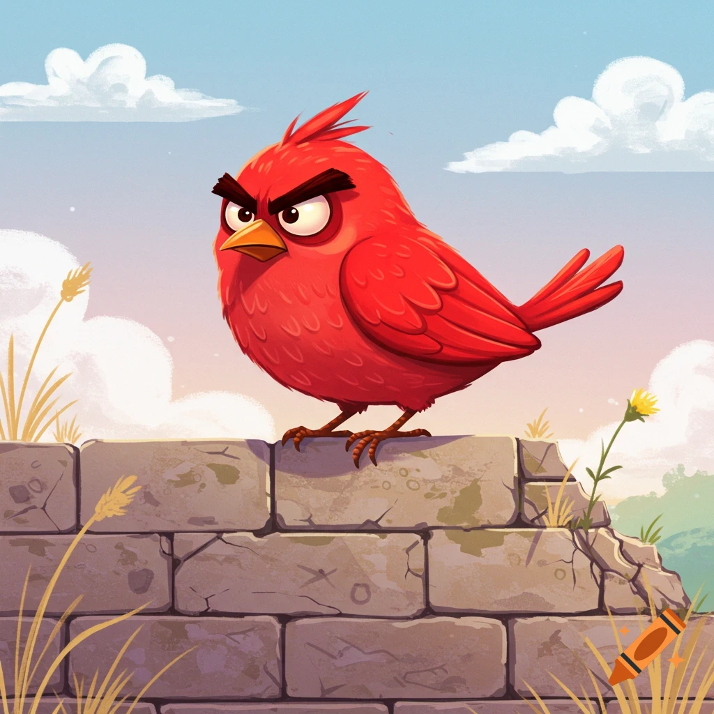 A stylized red angry bird sits on a stone wall under a cloudy sky. on ...