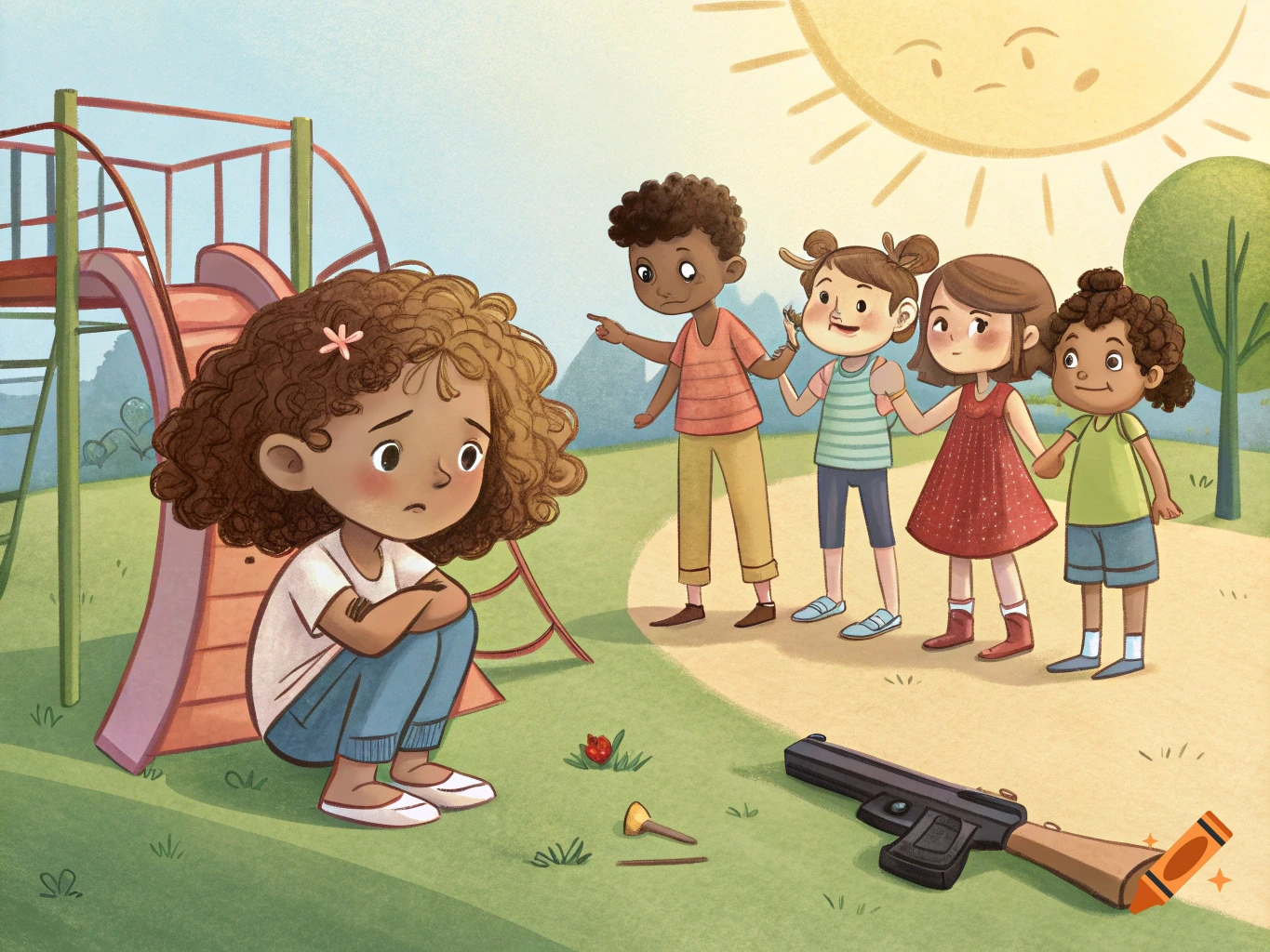 A cartoon illustration of a sad girl sitting on a playground, while ...