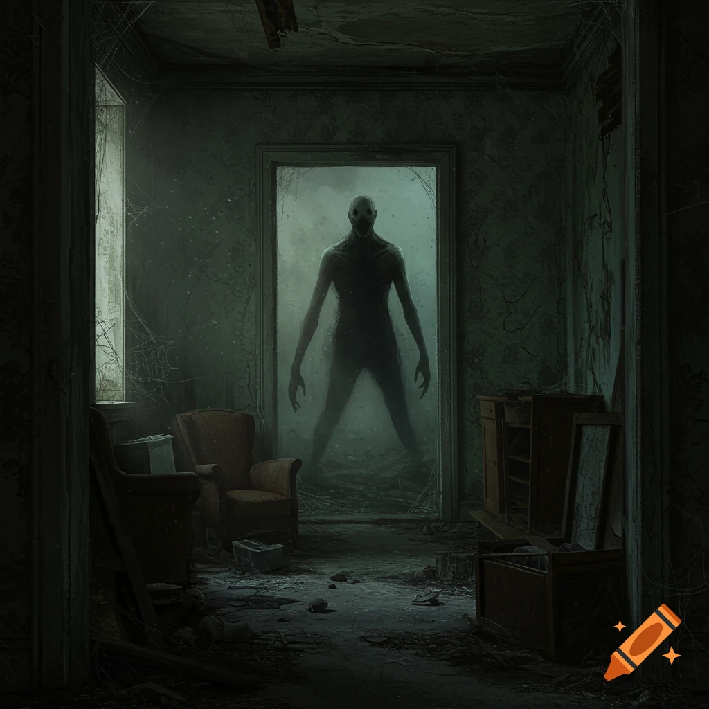 A shadowy, faceless monster stands in the doorway of a dark, abandoned ...