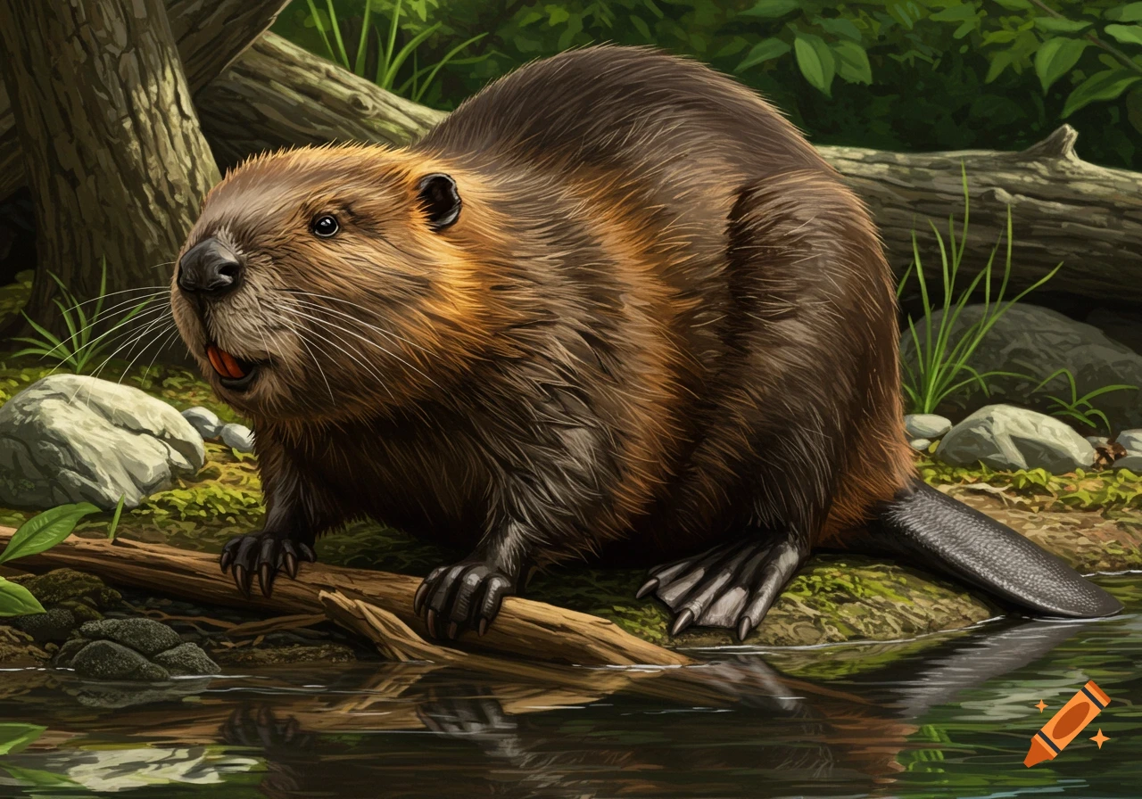 A detailed, realistic brown beaver stands on a log next to water in a ...