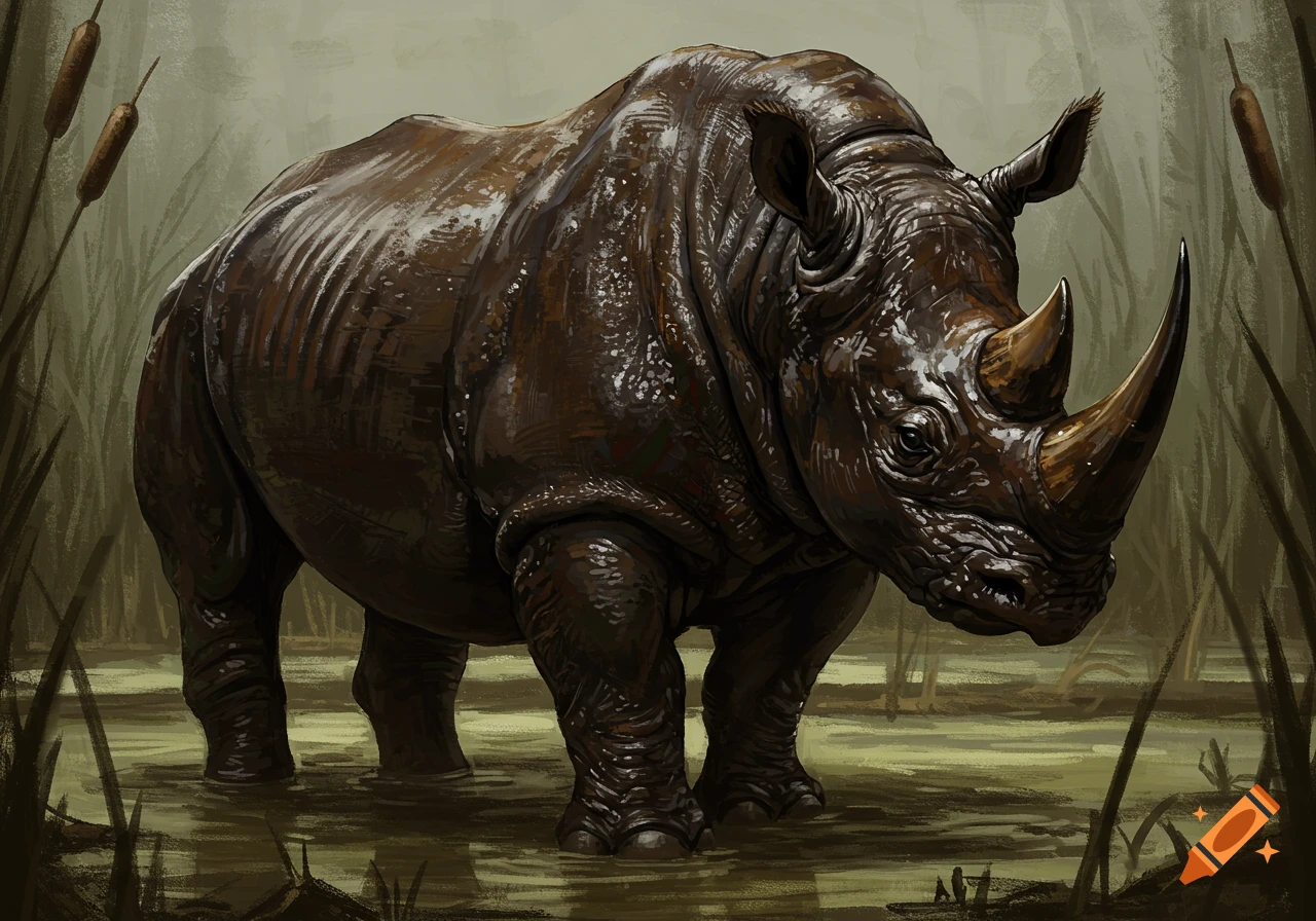 A large, oily rhino stands in a swamp surrounded by reeds in a digital ...
