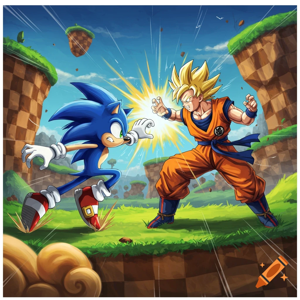 Sonic the Hedgehog and Goku fighting in a bright, action-packed scene ...