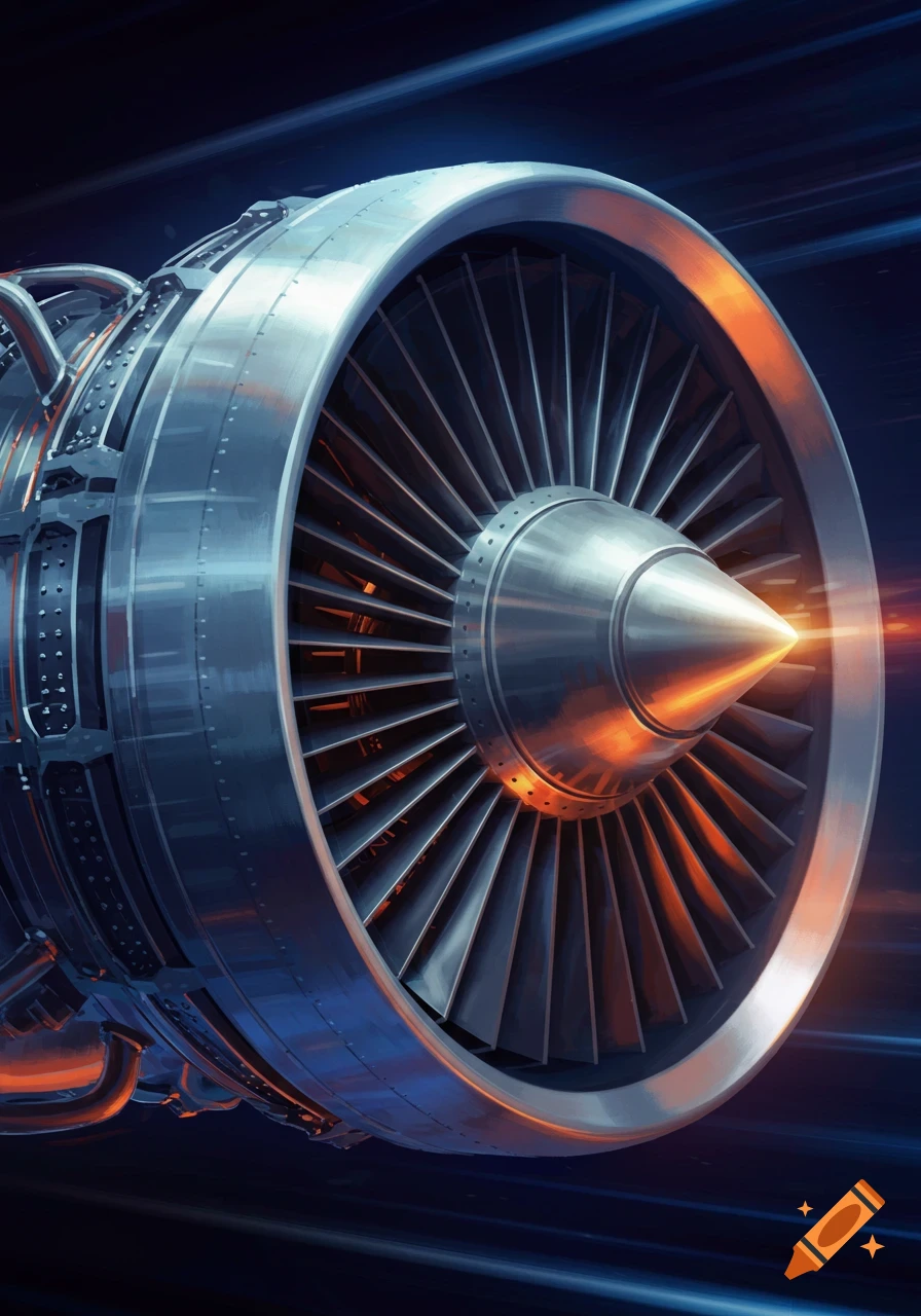 Close-up view of a metallic jet engine with glowing intake, showing ...