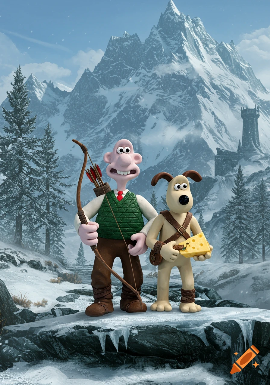 Wallace and Gromit stand on an icy ledge in a snowy mountain landscape ...