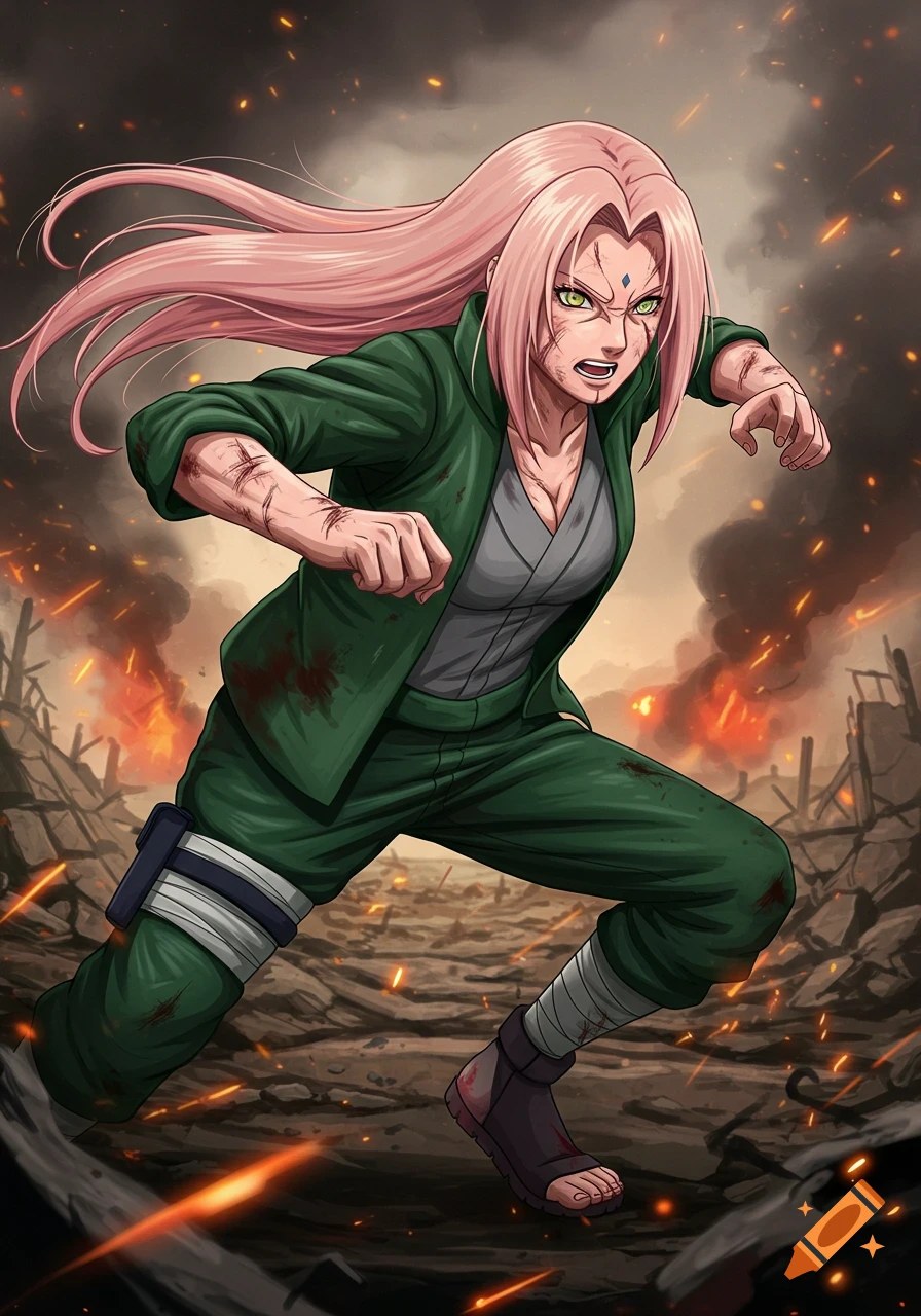 A dynamic anime illustration of a pink-haired woman in a fighting pose ...